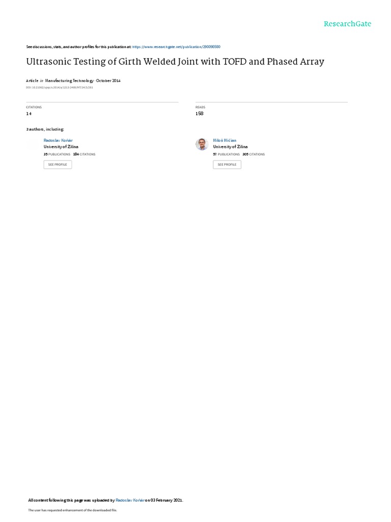 Ultrasonic Testing of Girth Welded Joint With TOFD PDF | PDF ...