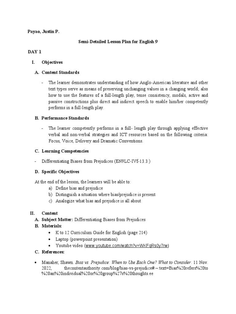 semi-detailed-LP-Bias-and-Prejudice (1) G9 | PDF | Prejudices | Bias