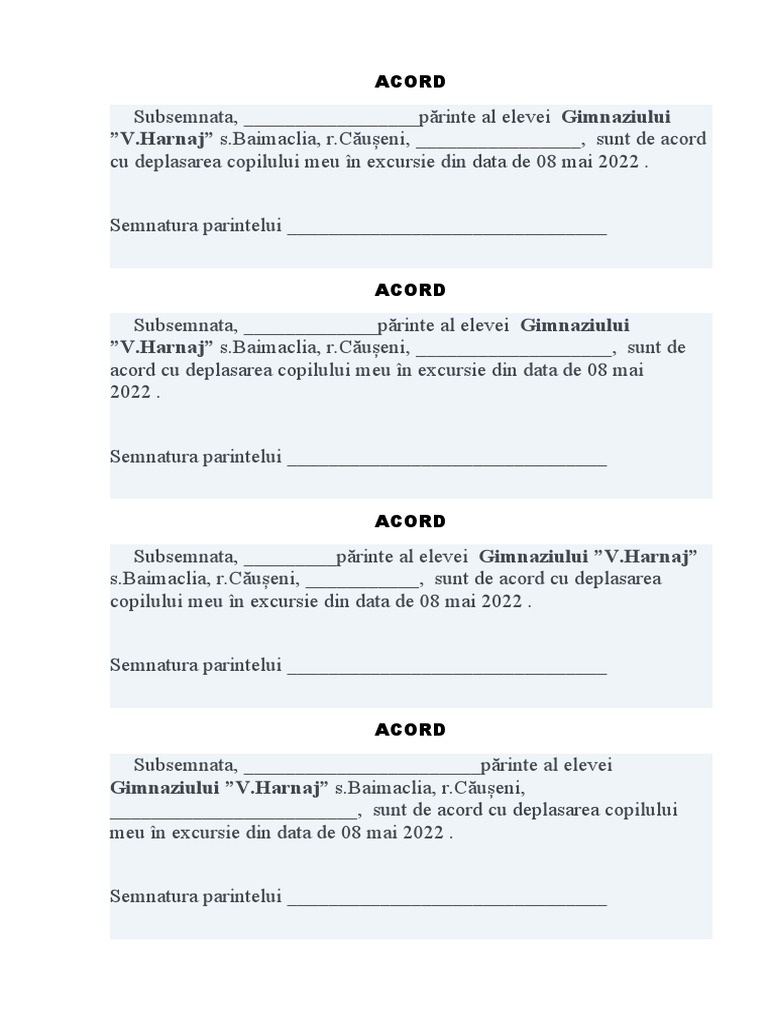 Acord Parinte Excursie | PDF