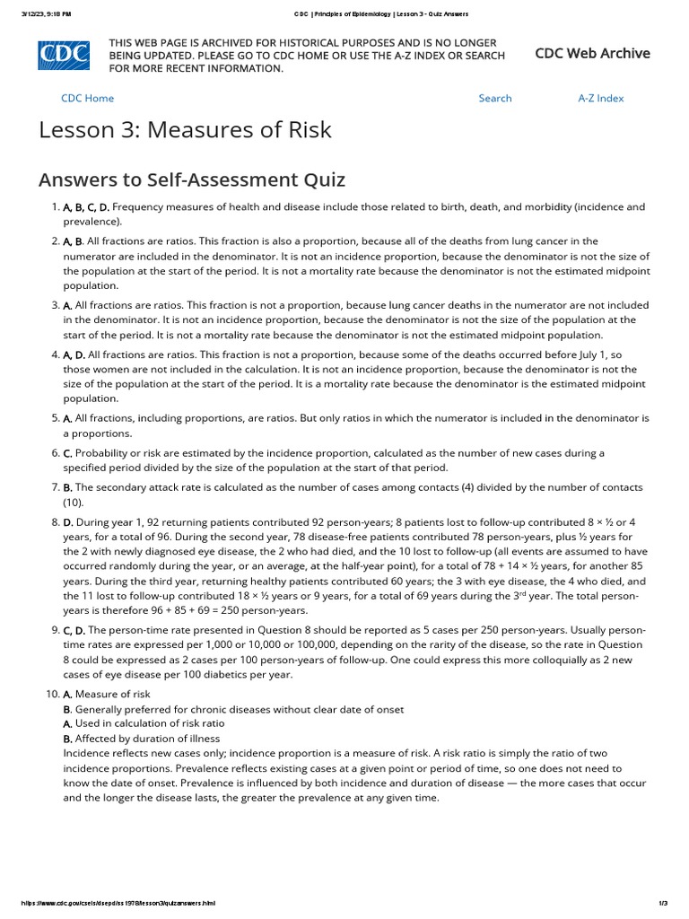 CDC - Principles of Epidemiology - Lesson 3 - Quiz Answers | PDF ...