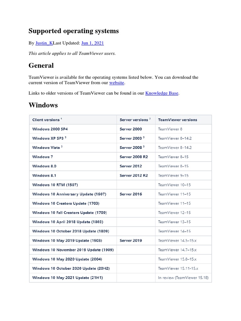 TeamViewer - Supported Operating Systems - 2021-06-01 | PDF