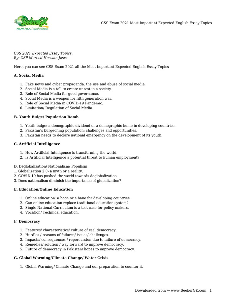 CSS Exam 2021 Most Important Expected English Essay Topics | PDF ...