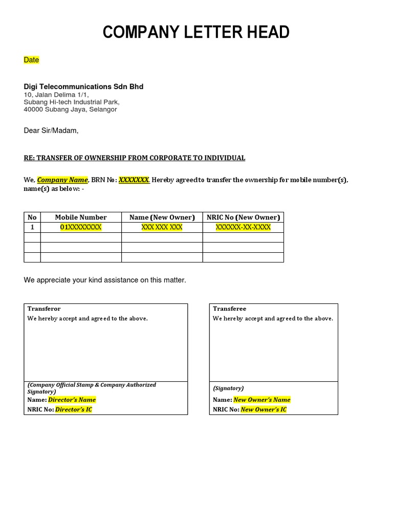 Transfer of Ownership - Sample | PDF