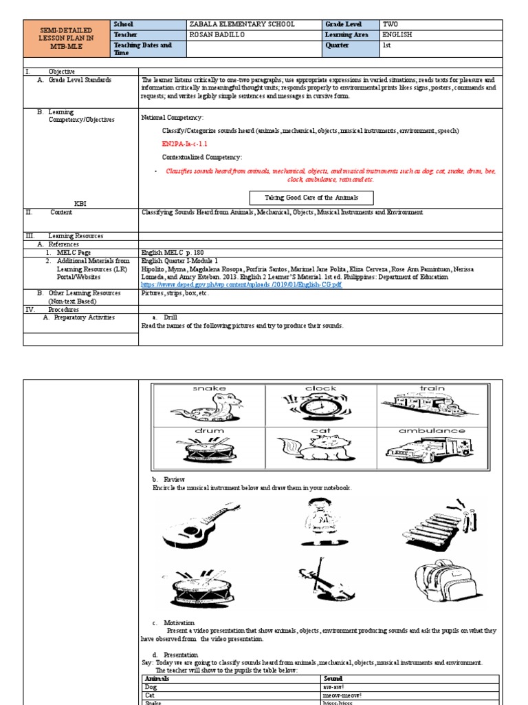 Grade 2 English Lesson Plan: Sound Classification | PDF | Sound | Learning