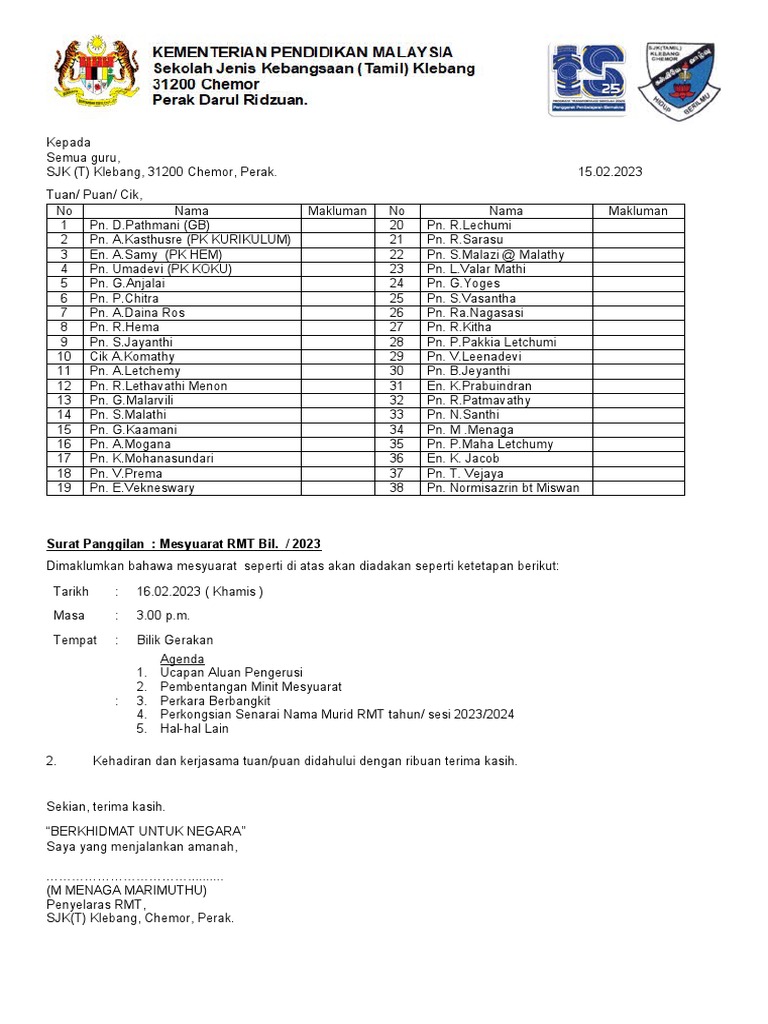 Surat Panggilan Mesyuarat RMT | PDF