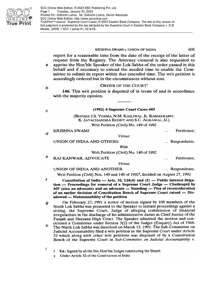 Krishna Swami v. Union of India, (1992) 4 SCC 605 2 | PDF | Supreme ...
