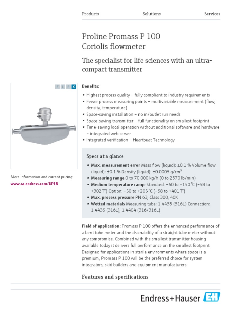 Endress-Hauser Proline Promass P 100 8P1B EN | Download Free PDF ...