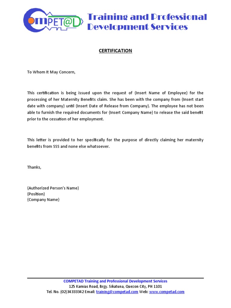 CERTIFICATION of Employment (For Claiming Maternity Benefit) | PDF