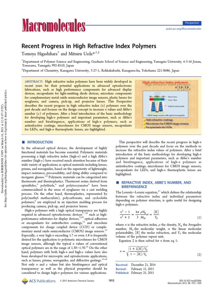 2015 Recent Progress in High Refractive Index Polymers (Review) PDF ...