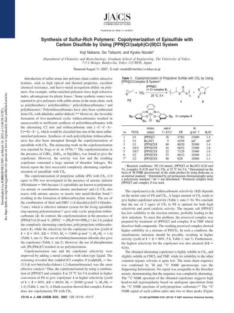 2007 Synthesis of Sulfur-Rich Polymers - Copolymerization of Episulfide ...