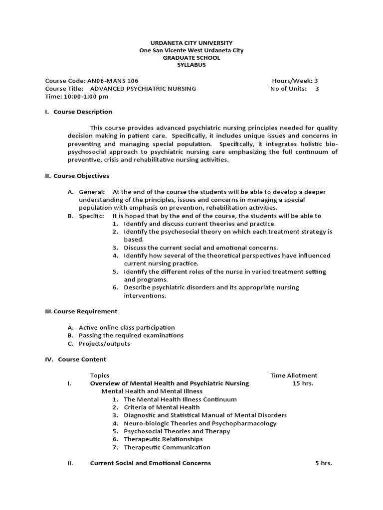 Advanced Psychiatric Nursing Syllabus | PDF | Mental Health | Mental ...