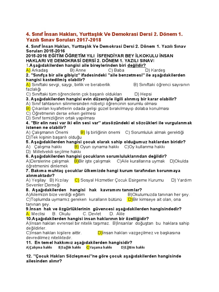 Sinif 2. Dönem 1. Yazili Sorulari | PDF