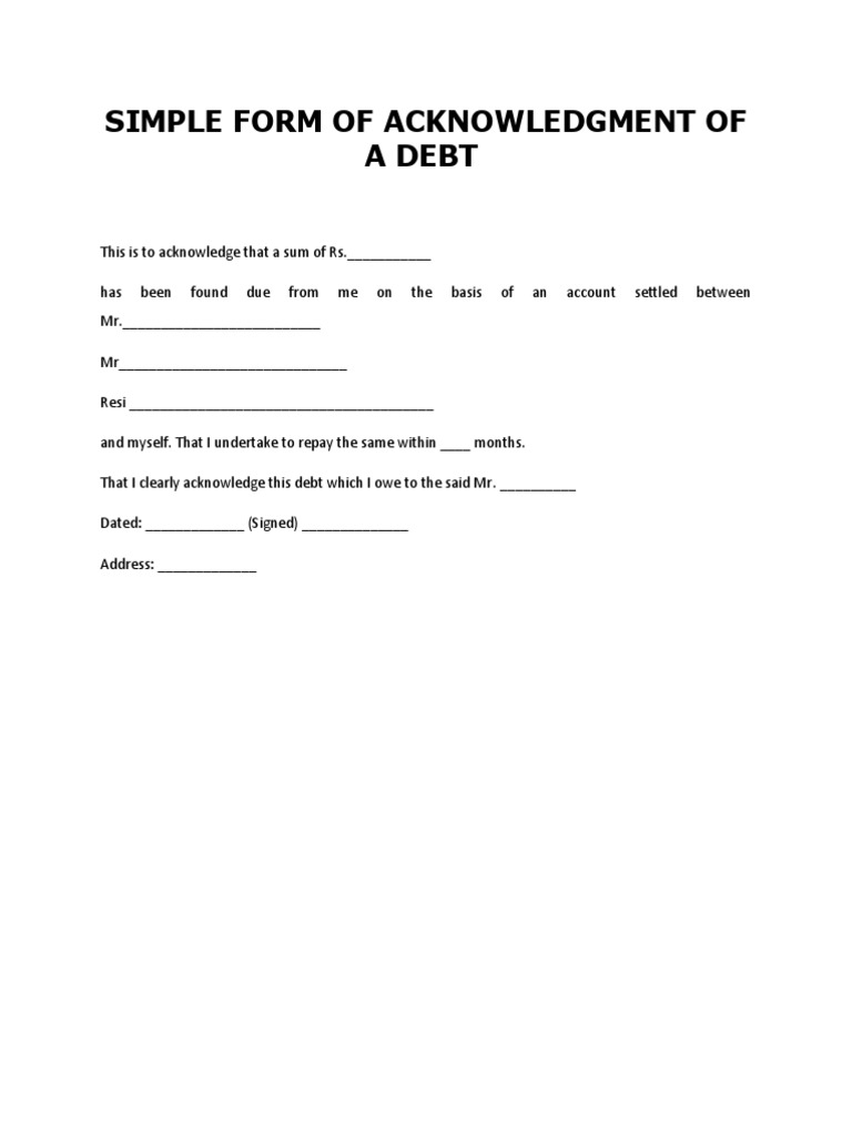 Simple Form of Acknowledgment of A Debt | PDF