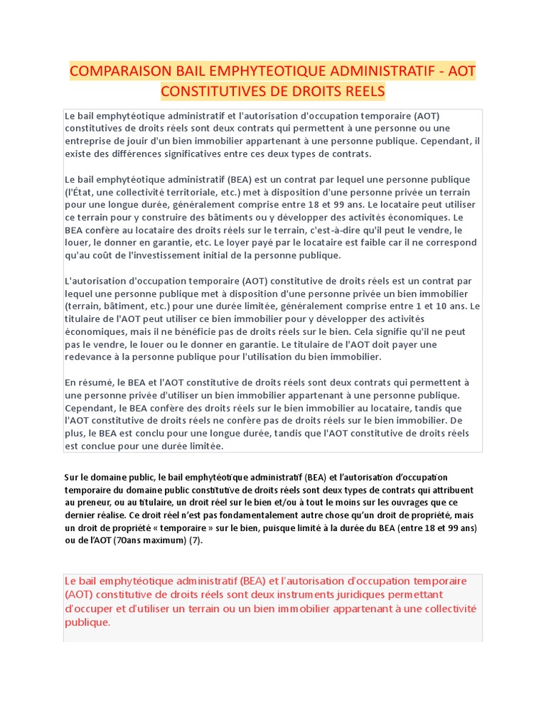 Comparaison Bail Emphyteotique Administratif PDF | PDF | Droit à la ...
