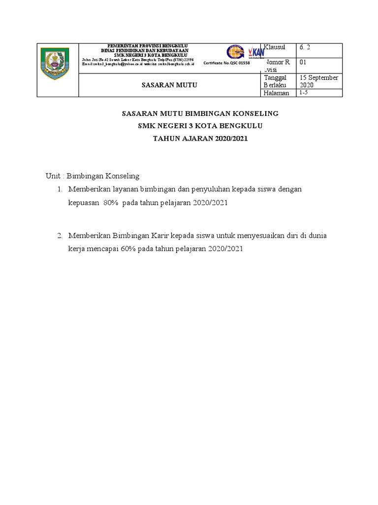 Sasaran Mutu BK SMKN 3 Bengkulu 2020/2021 | PDF