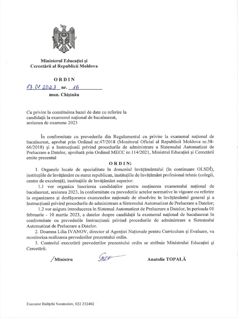 Ordinul MEC 16 Din 13.01.2023 BD Liceu | PDF