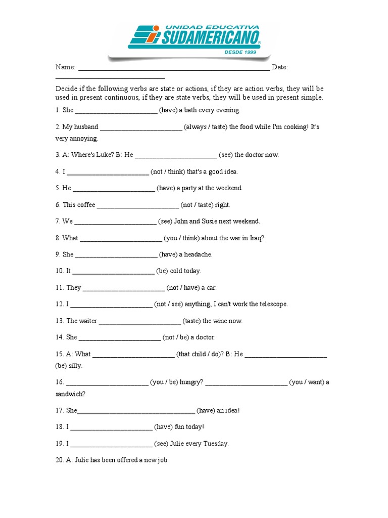 Action Vs Stative Verbs Pdf