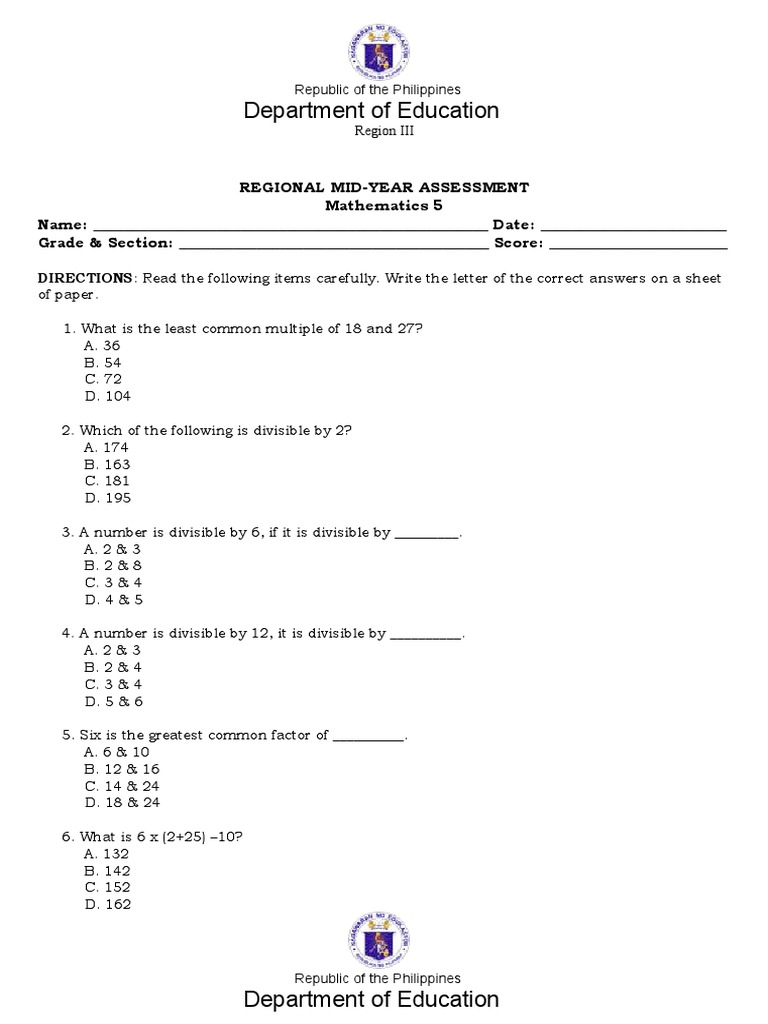 Math Grade 5 Regional-Mid-Year-Assessment with-TOS | PDF | Ratio ...