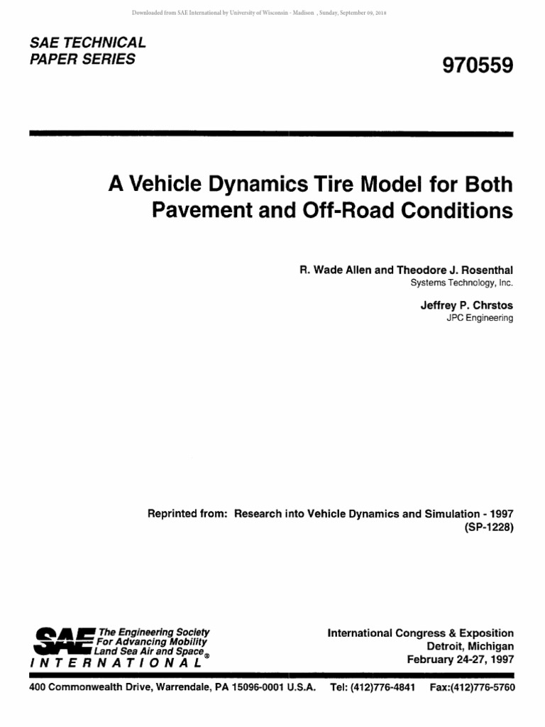 1997 A Vehicle Dynamics Tire Model For Both Pavement and Off-Road Conditions PDF | PDF ...