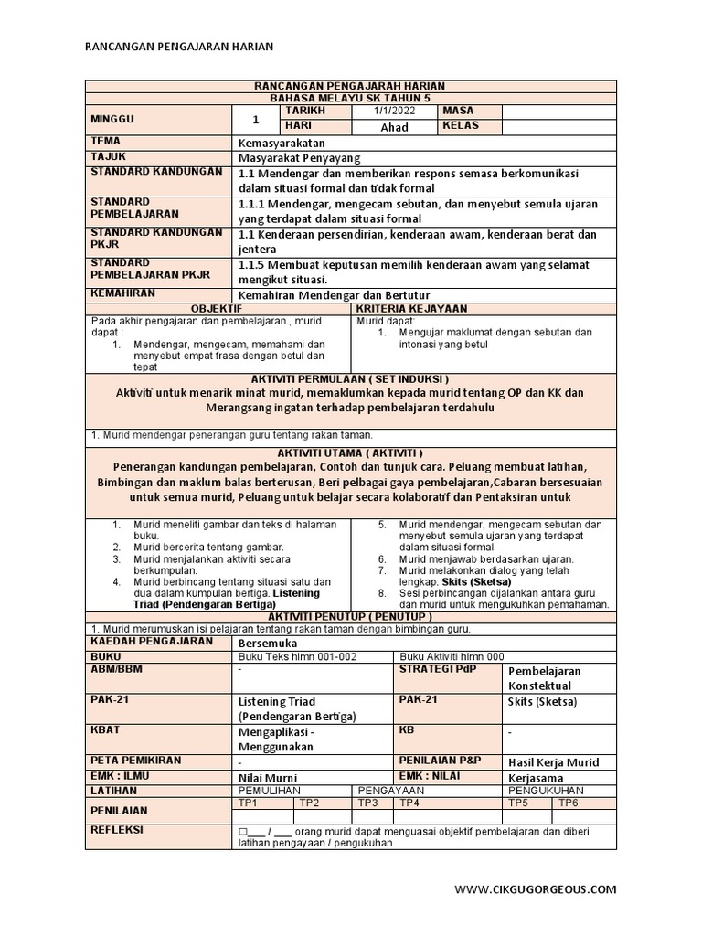 RPH Minggu 1 BM THN 5 by Cikgu Gorgeous | PDF