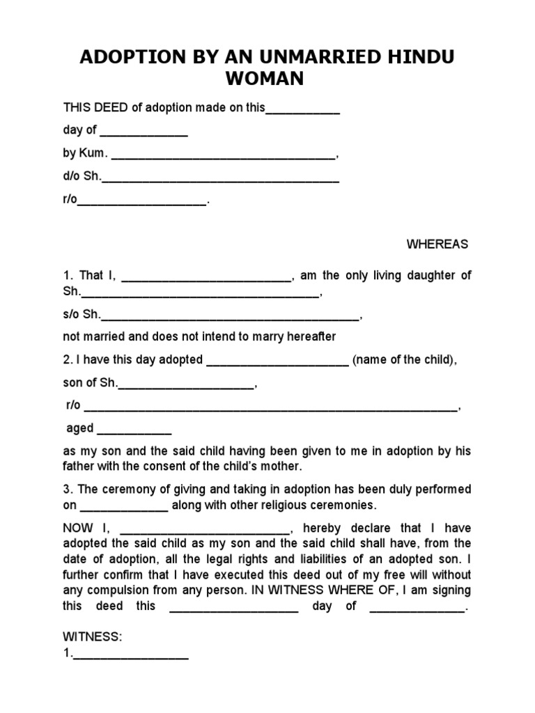 Adoption Deed by Unmarried Hindu Woman | PDF | Self-Improvement