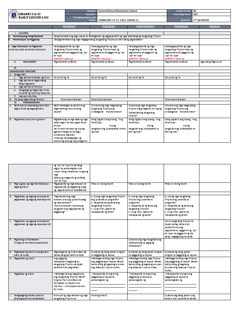 DLL - Esp 3 - Q3 - W1 Jan 30 Feb 3 2023 | PDF