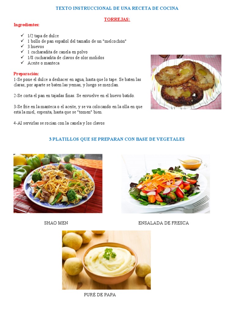 TEXTOS INSTRUCCIONAL DE RECETA DE COCINA, Y 3 PLATILLOS CON BASE A ...