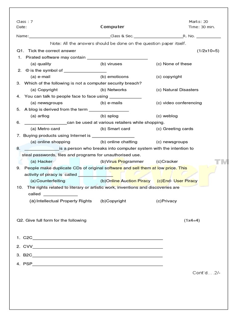 Class VII Com Question | PDF | Copyright Infringement | Online Shopping