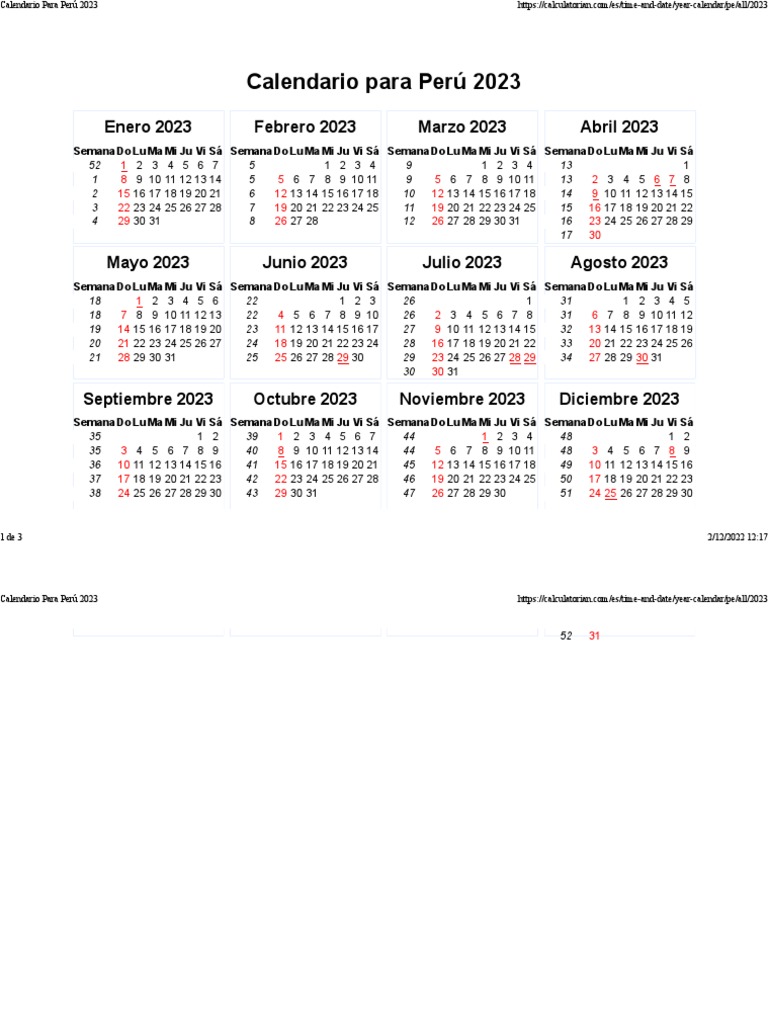 Calendario para Perú 2023 | PDF | Calendario | Días festivos
