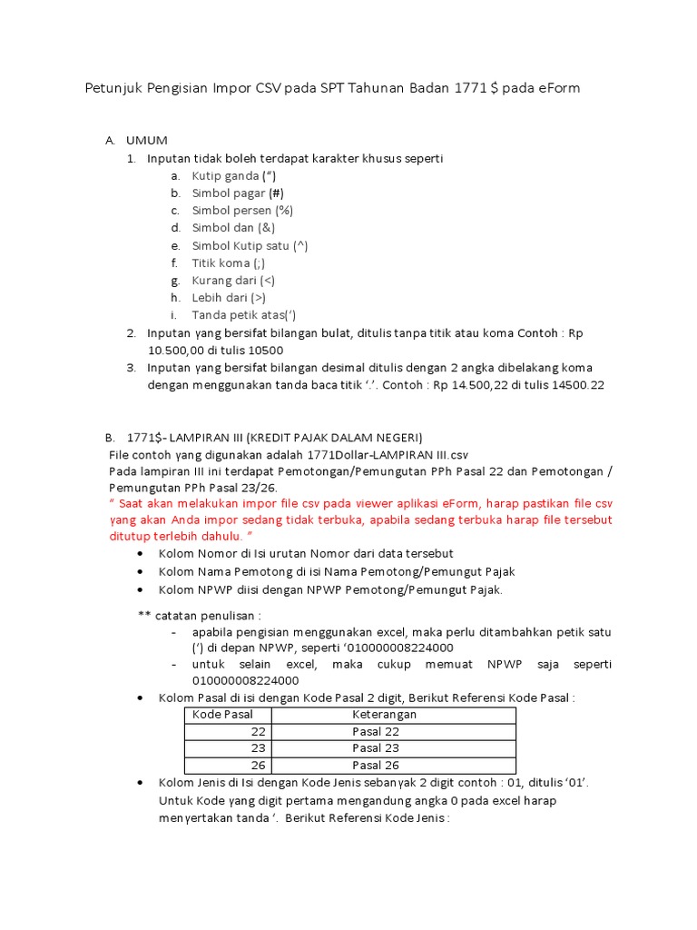 Petunjuk Pengisian Impor CSV Pada SPT 1771 Dollar 2022 Update - 0 | PDF