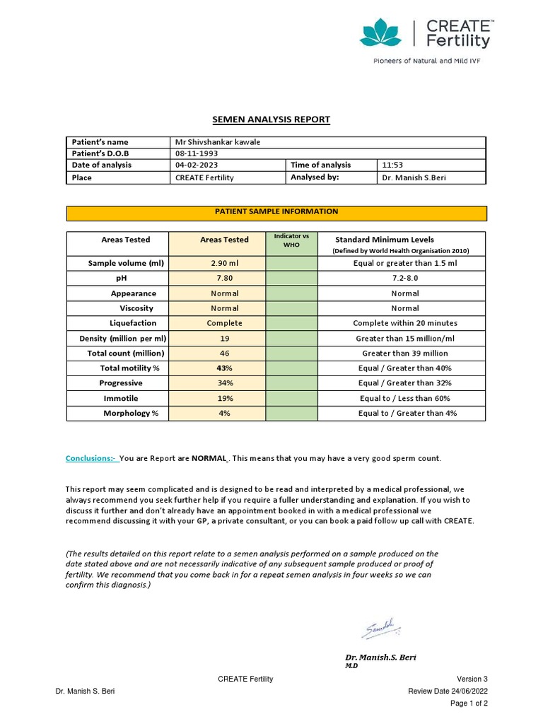 Example Semen Analysis Report July 2019 Pdf Medical Specialties