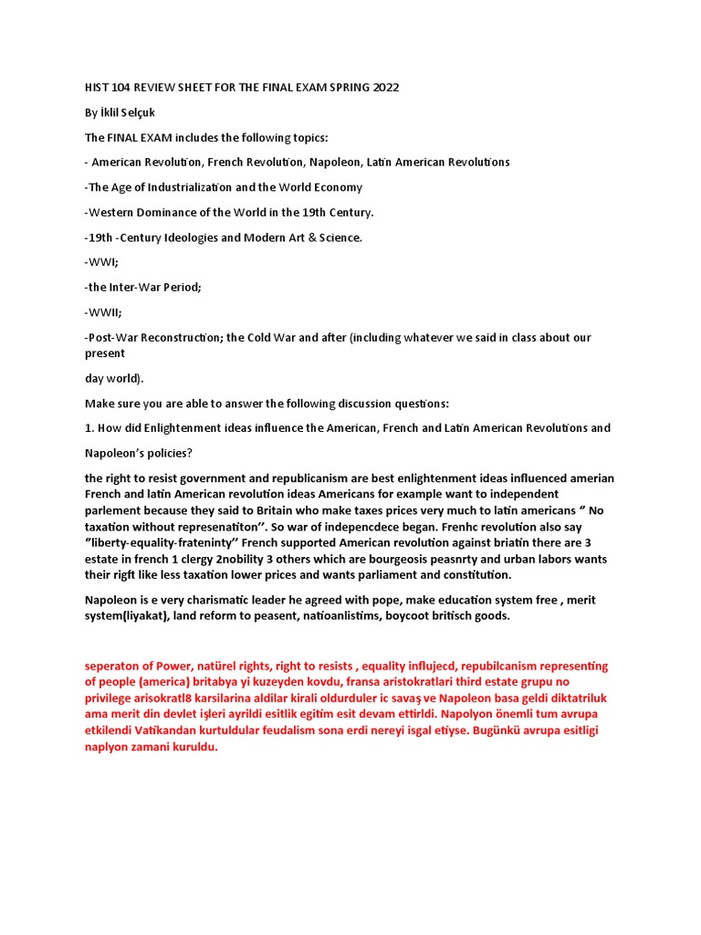 Hist 104 Review Sheet For The Final Exam Spring 2022 | PDF ...