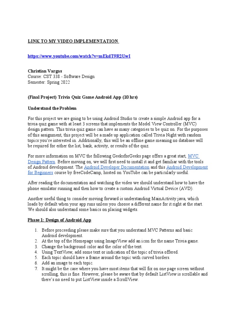 Final Project Trivia Game Android App Specifications Christian Vargas | PDF | Android (Operating ...