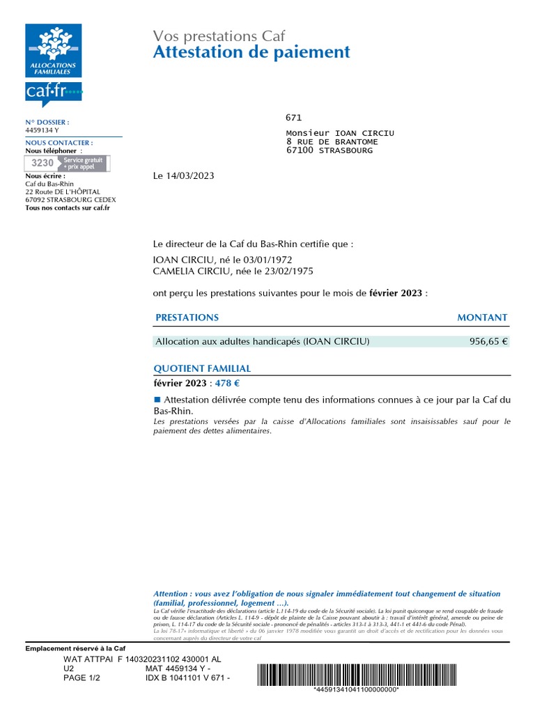 Attestation de Paiement: Vos Prestations Caf | PDF | Vie privée et ...