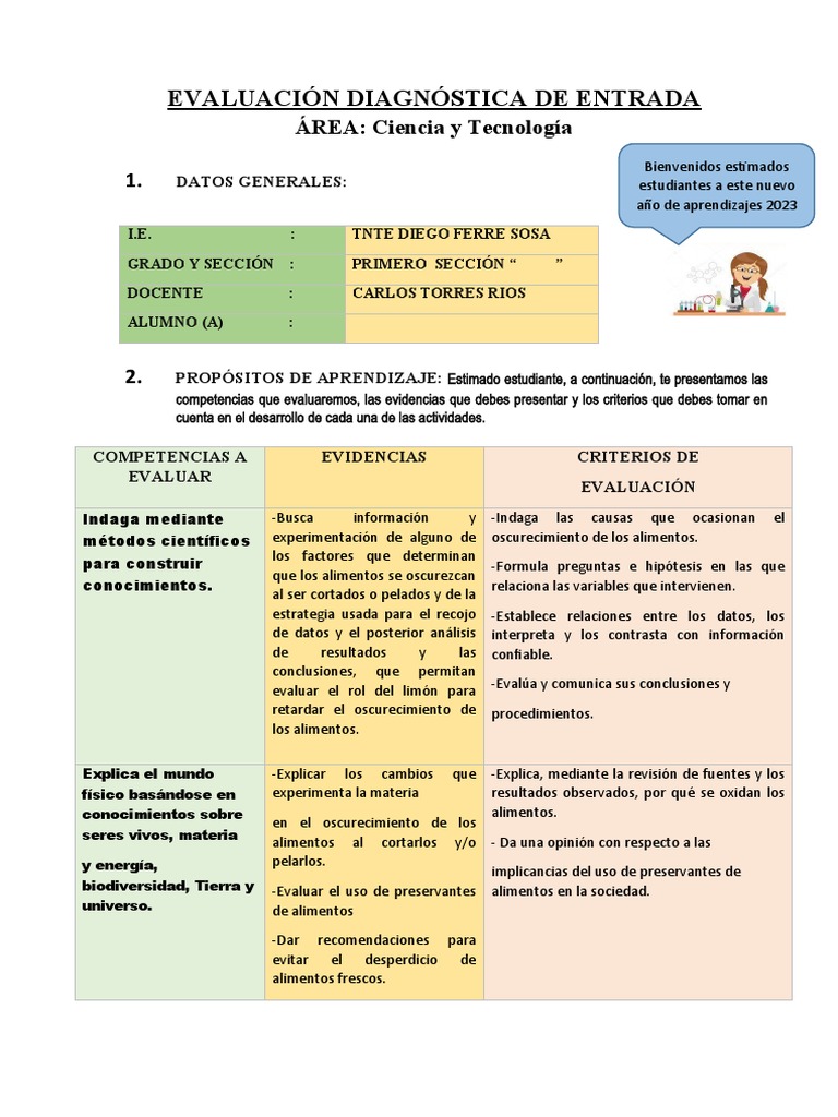 EVALUACION DIAGNOSTICA C y T 1° | PDF | Alimentos | Evaluación