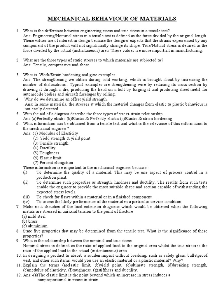 Tutorial Answers - Mechanical Behaviour of Materials | PDF ...