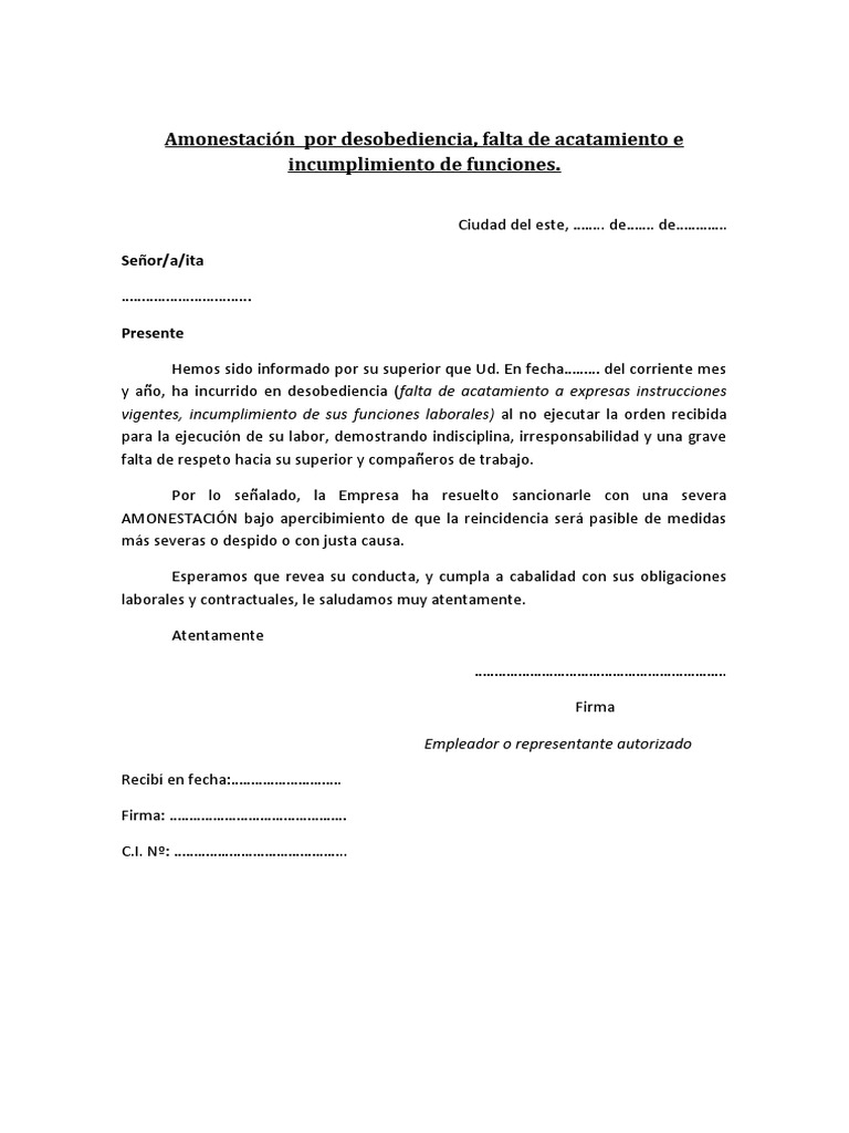Amonestación Por Desobediencia, Falta de Acatamiento e Incumplimiento ...
