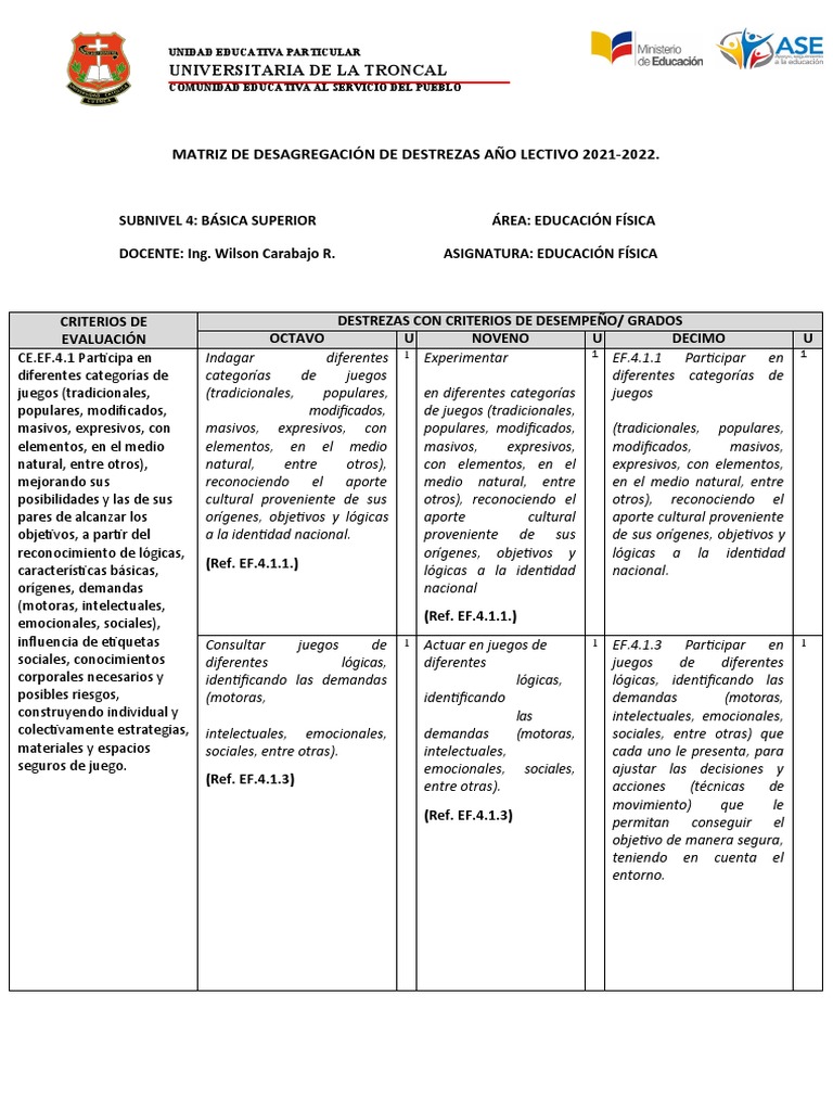 Matriz de Desagregación de Destrezas Año Lectivo 2021-2022 | PDF