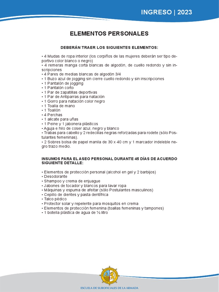 Elementos Personales Requeridos 2023 | PDF
