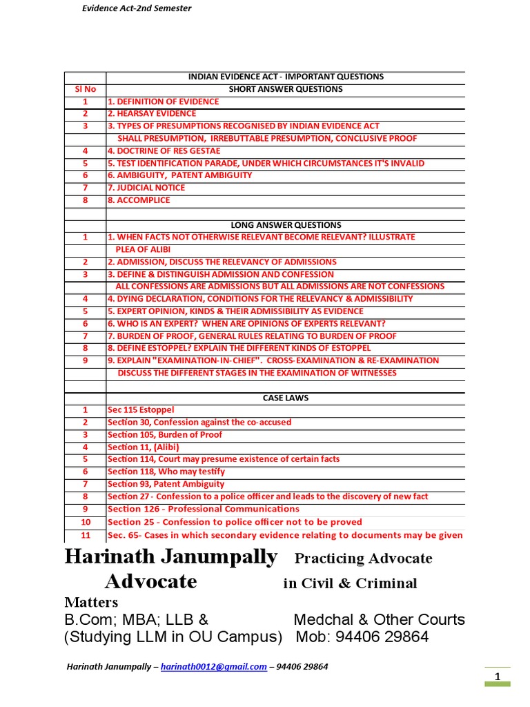 Evidence Study Material | PDF | Evidence (Law) | Confession (Law)