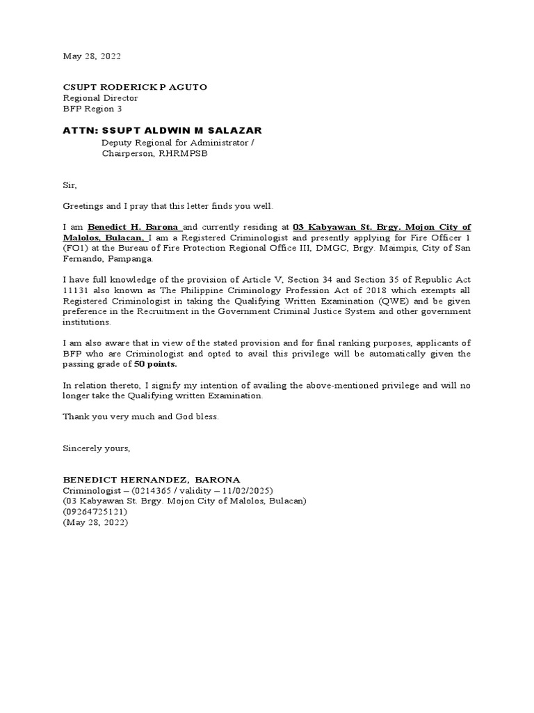 BFP Intent Letter | PDF