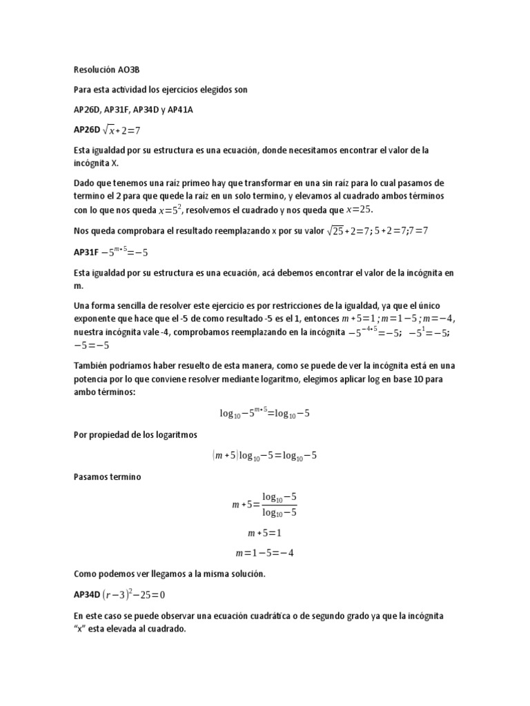 Resolucion AO3B | PDF | Ecuaciones | Raíz cuadrada