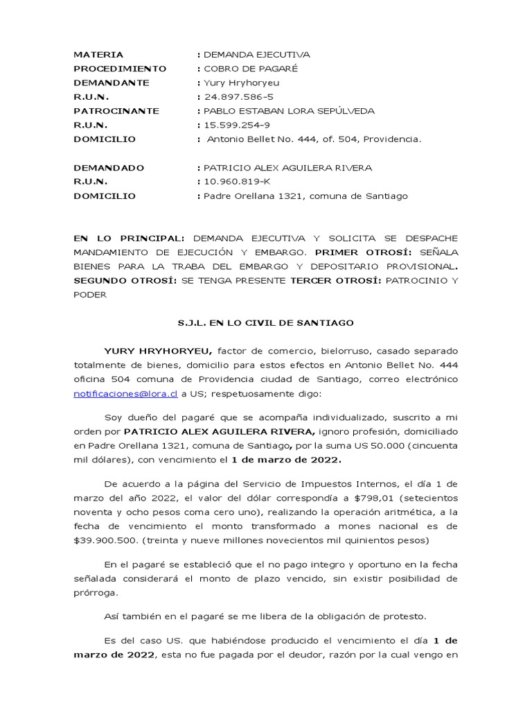 Demanda Ejecutiva Pagaré | PDF