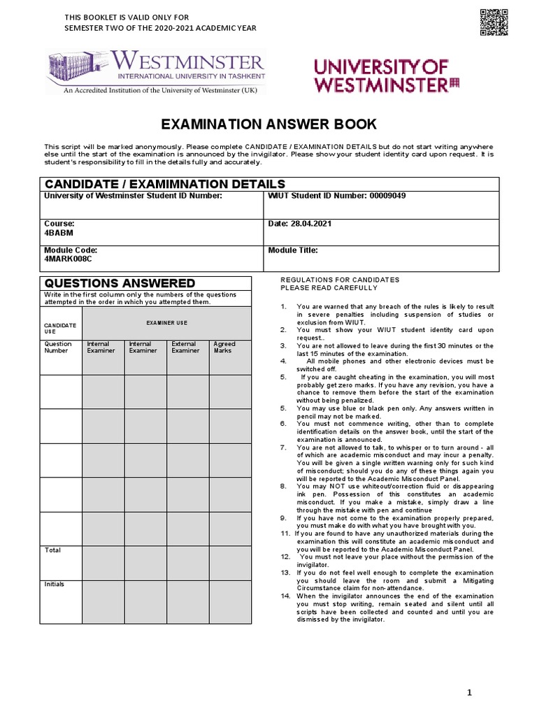 Examination Answer Book: Candidate / Examimnation Details | Download Free PDF | Pricing | Marketing