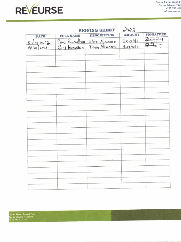 Intern Allowance Signing Sheet - Said - 27th January 2023 PDF | PDF