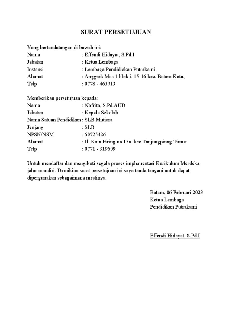 Contoh Surat Persetujuan Yayasan | PDF