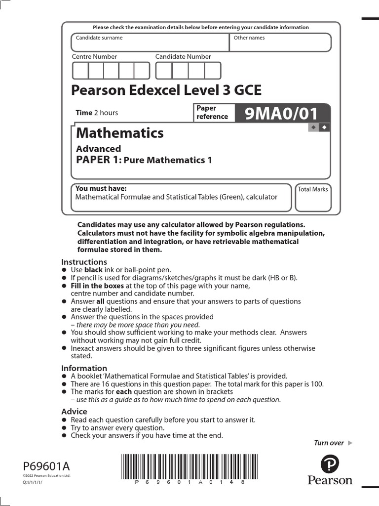 Formula Book 9Ma0 _ Pearson Edexcel A Level GCE in Mathematics Formulae ...