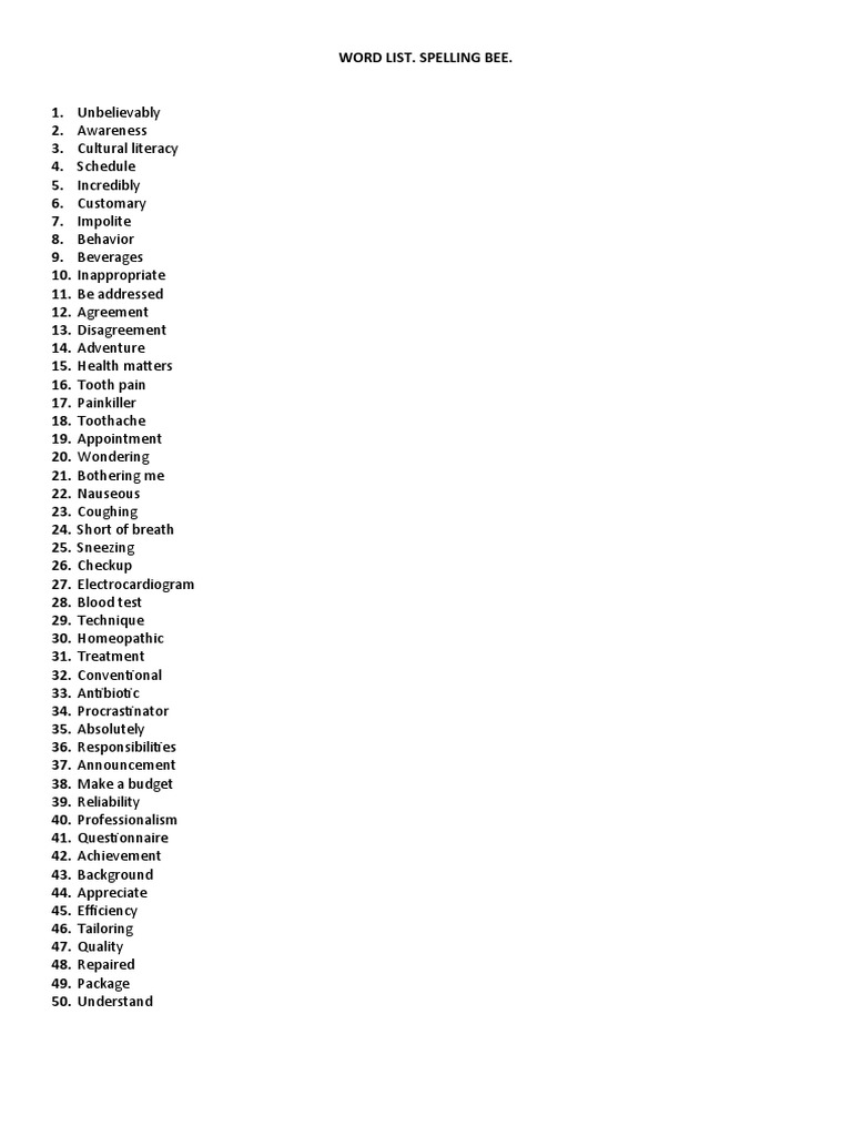 Lista de Palabras. Spelling Bee | PDF