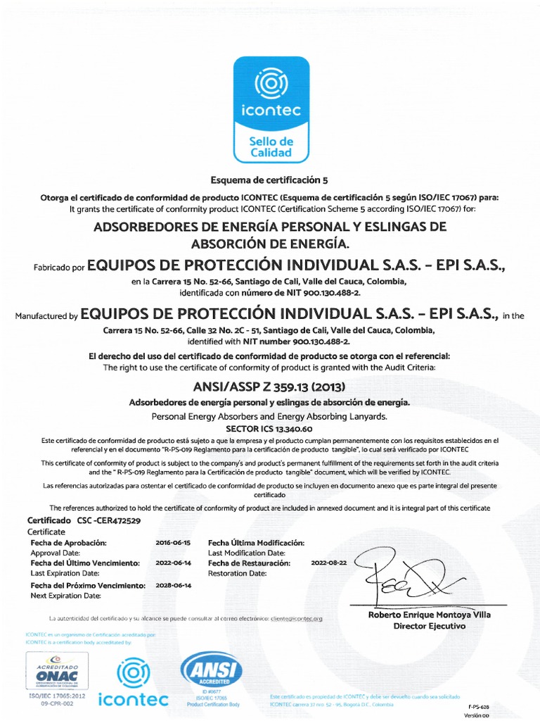 Certificado Ansi Z359-13 Eslinga Arnes | PDF