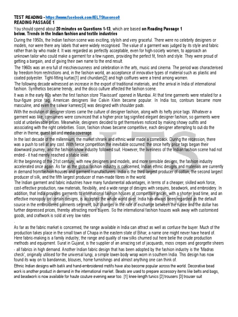 Test Reading Passage 1 Below. Trends in The Indian Fashion and Textile ...